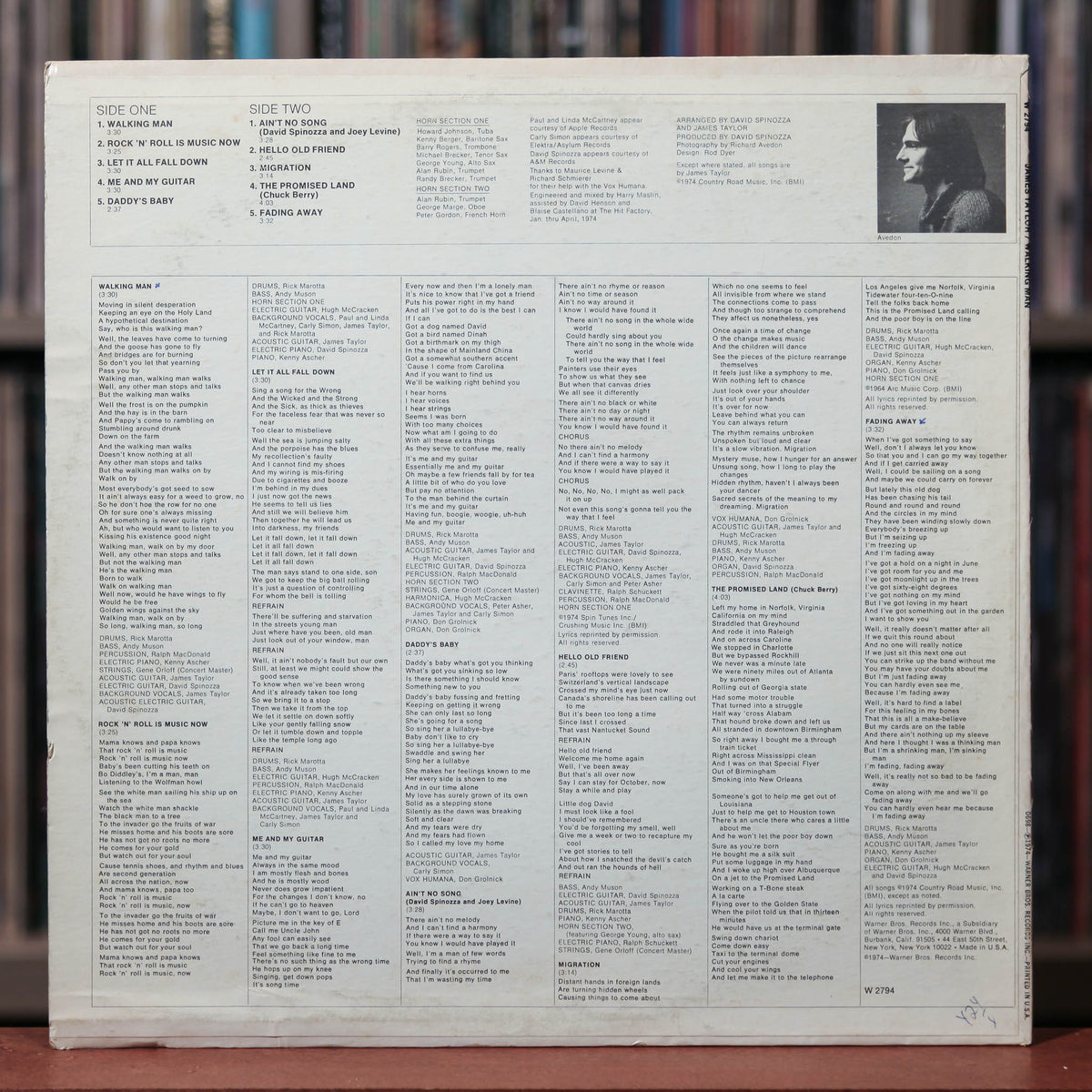 James Taylor - Walking Man - 1974 Warner Bros, VG+/VG